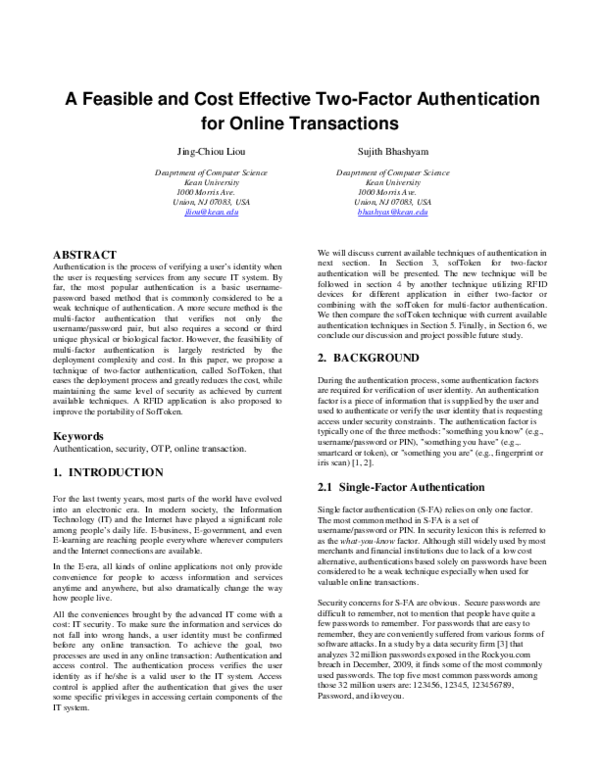 (PDF) A feasible and cost effective two-factor authentication for online transactions