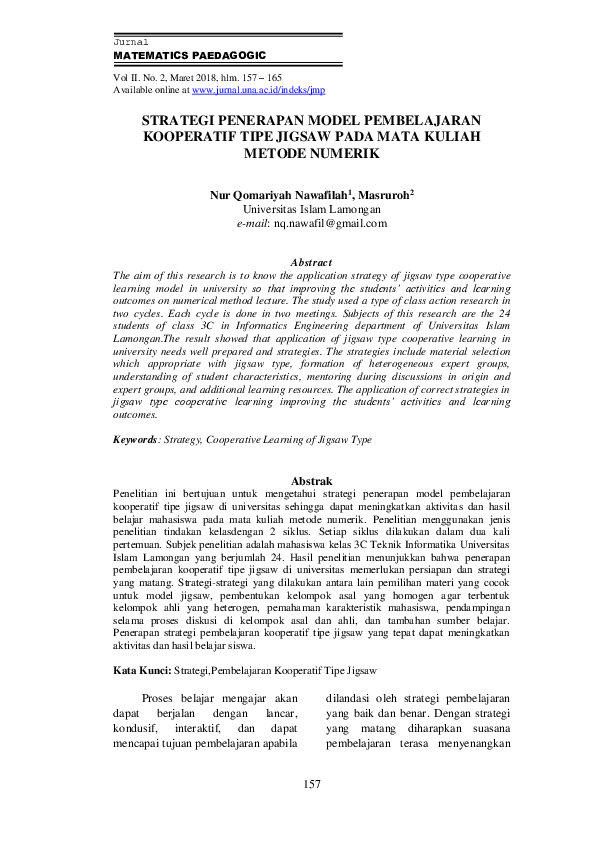 (PDF) Strategi Penerapan Model Pembelajaran Kooperatif Tipe Jigsaw Pada Mata Kuliah Metode Numerik