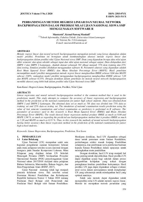 (PDF) Perbandingan Metode Regresi Linear Dan Neural Network Backpropagation Dalam Prediksi Nilai ...