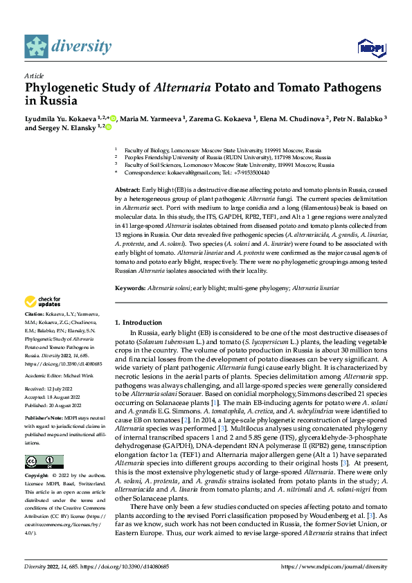 (PDF) Phylogenetic Study of Alternaria Potato and Tomato Pathogens in ...