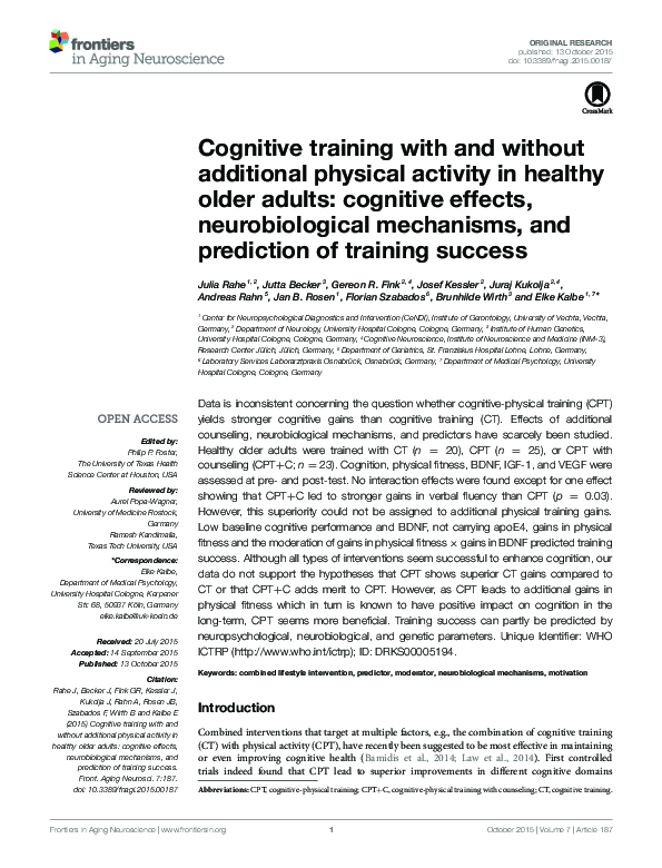 (PDF) Cognitive training with and without additional physical activity ...