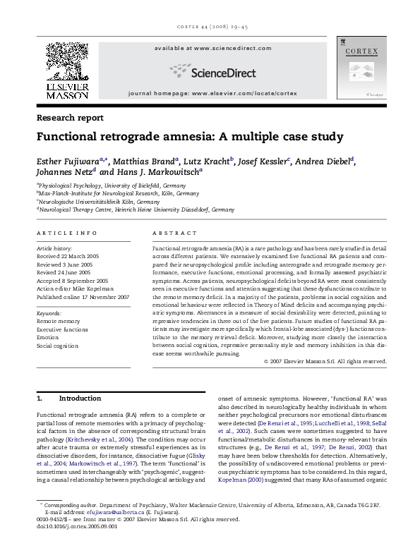 (PDF) Functional retrograde amnesia: A multiple case study | Josef ...