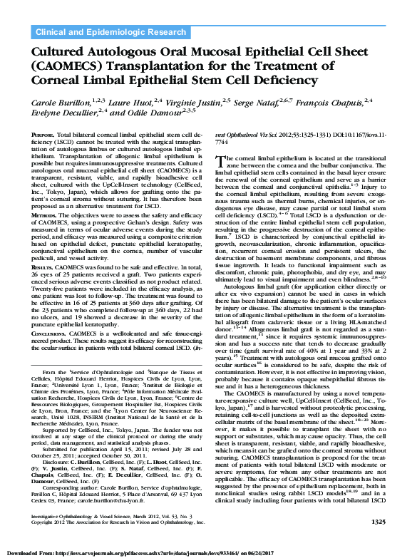(PDF) CAOMECS Transplantation for Corneal Limbal Stem Cell Deficiency