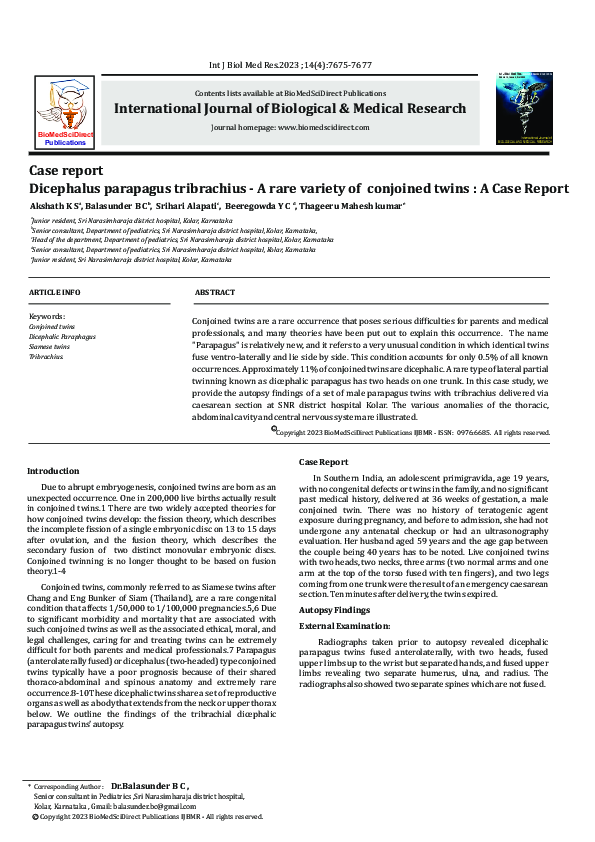 (PDF) Dicephalus parapagus tribrachius - a rare variety of conjoined ...