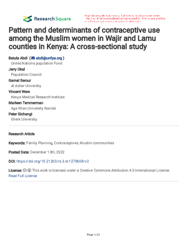 (PDF) Pattern and determinants of contraceptive use among the Muslim women in Wajir and Lamu ...