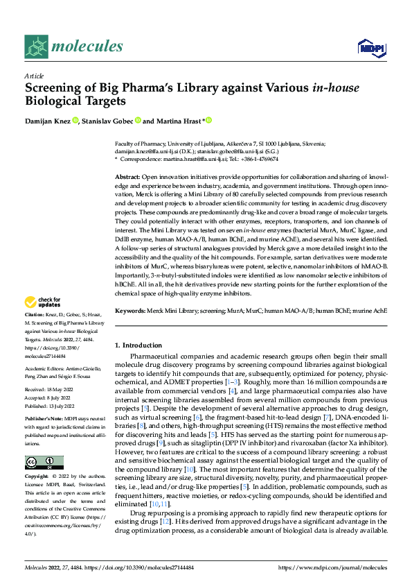 (PDF) Screening of Big Pharma’s Library against Various in-house ...