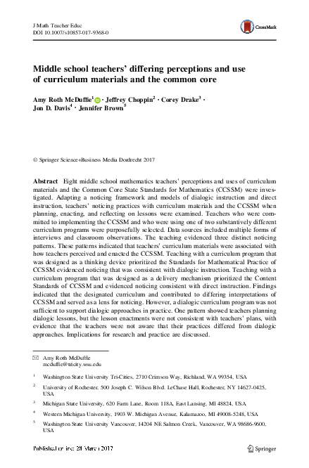 (PDF) Middle school teachers’ differing perceptions and use of curriculum materials and the ...