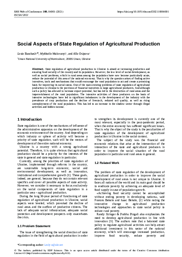 (PDF) Social Aspects of State Regulation of Agricultural Production