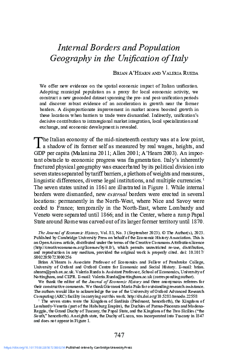 (PDF) Internal Borders and Population Geography in the Unification of Italy