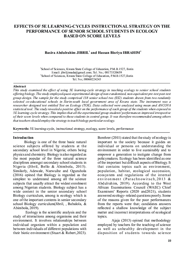 (PDF) EFFECTS OF 5E LEARNING-CYCLES INSTRUCTIONAL STRATEGY ON THE PERFORMANCE OF SENIOR SCHOOL ...