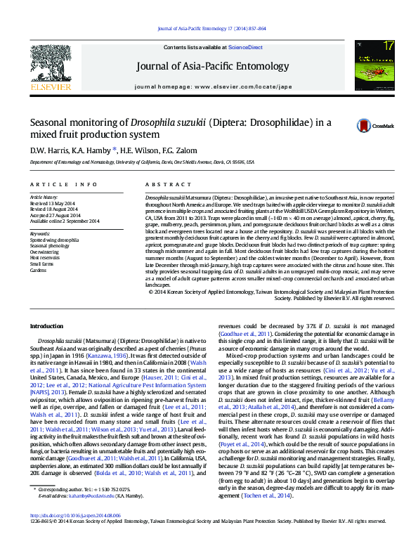 (PDF) Seasonal monitoring of Drosophila suzukii (Diptera: Drosophilidae) in a mixed fruit ...