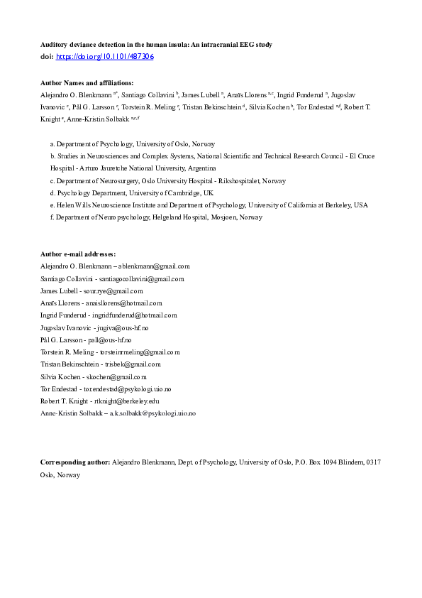 (PDF) Auditory deviance detection in the human insula: An intracranial EEG study | Tor Endestad ...