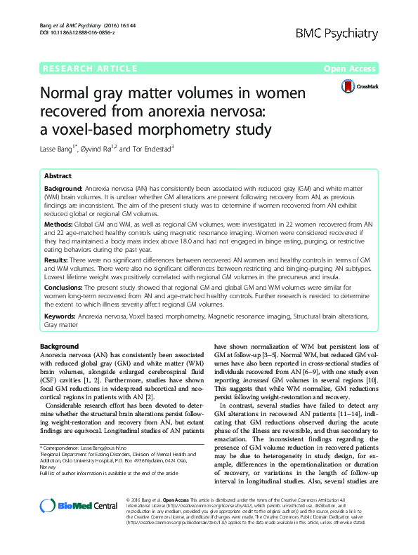 (PDF) Normal gray matter volumes in women recovered from anorexia ...