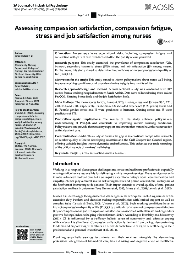 (PDF) Assessing compassion satisfaction, compassion fatigue, stress and ...