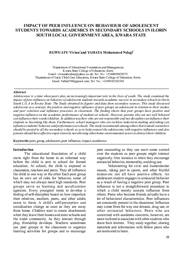 (PDF) IMPACT OF PEER INFLUENCE ON BEHAVIOUR OF ADOLESCENT STUDENTS TOWARDS ACADEMICS IN ...