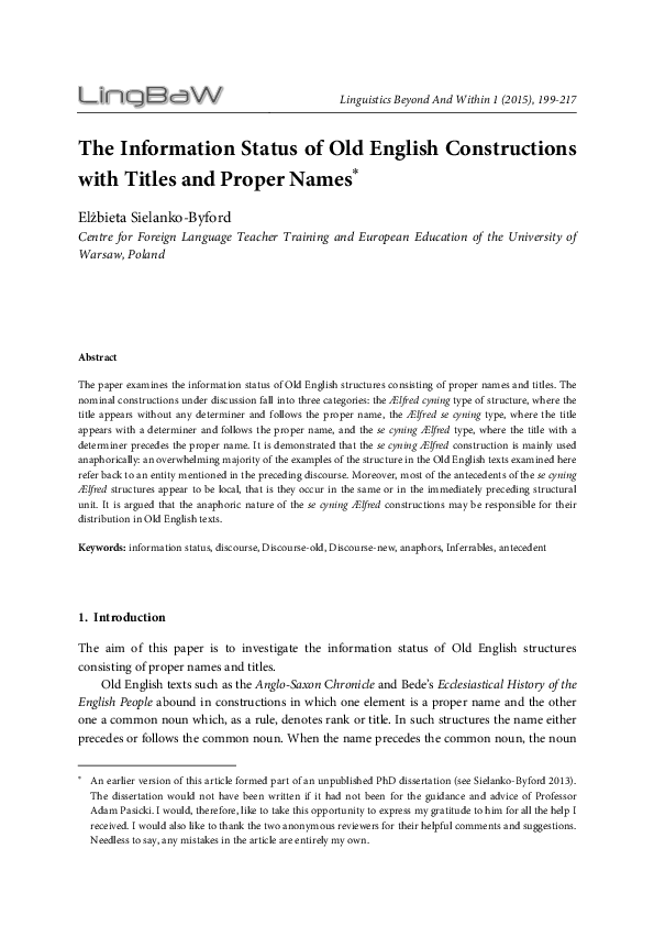 (PDF) The Information Status of Old English Constructions with Titles ...