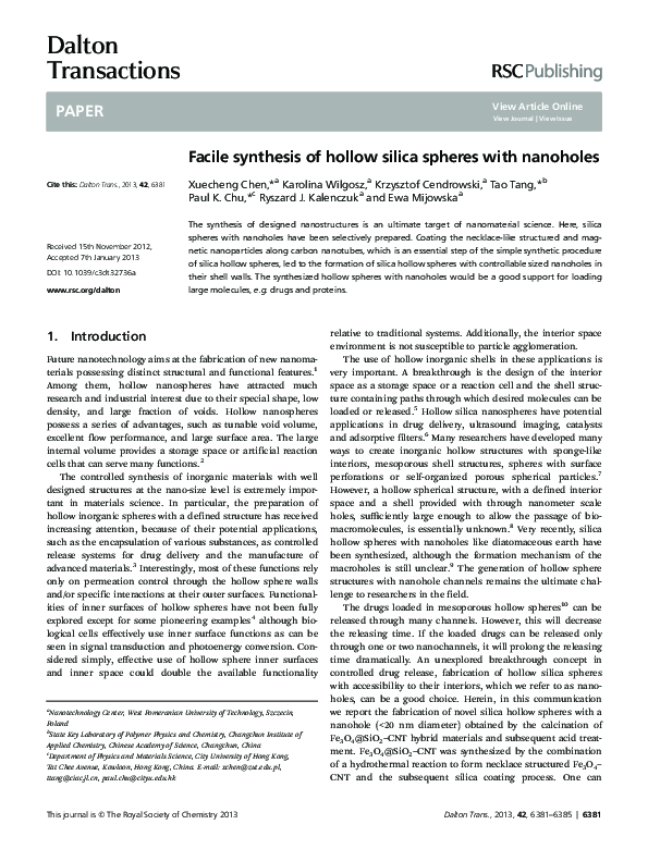 (PDF) Facile synthesis of hollow silica spheres with nanoholes (PDF) Facile synthesis of hollow silica spheres with nanoholes