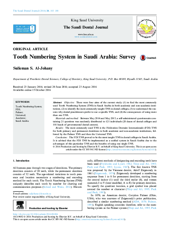 (PDF) Tooth Numbering System in Saudi Arabia: Survey