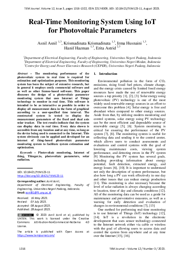 Pdf Real Time Monitoring System Using Iot For Photovoltaic Parameters