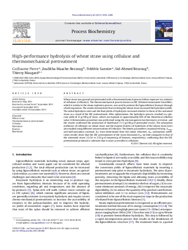 (PDF) High-performance hydrolysis of wheat straw using cellulase and thermomechanical pretreatment