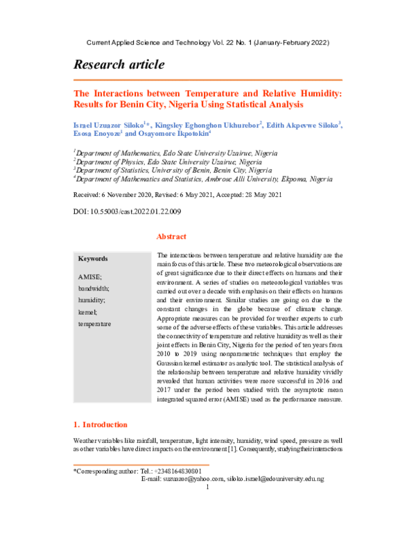(PDF) The Interactions between Temperature and Relative Humidity: Results for Benin City ...