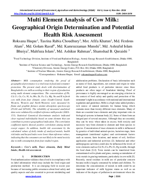 (PDF) Multi Element Analysis of Cow Milk: Geographical Origin Determination and Potential Health ...