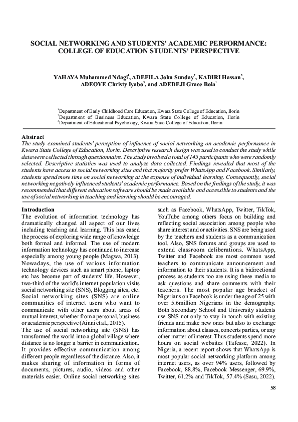 (PDF) SOCIAL NETWORKING AND STUDENTS' ACADEMIC PERFORMANCE: COLLEGE OF ...