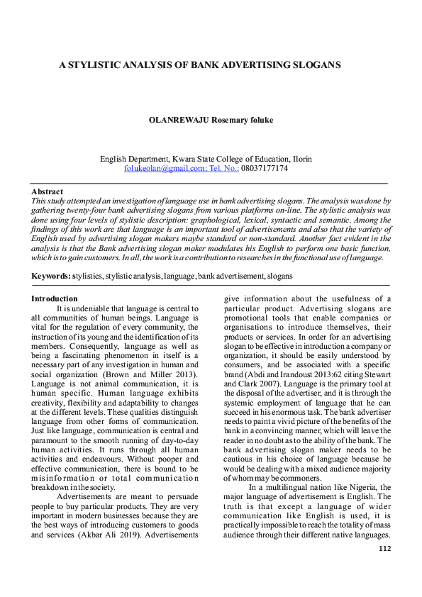 (PDF) A STYLISTIC ANALYSIS OF BANK ADVERTISING SLOGANS