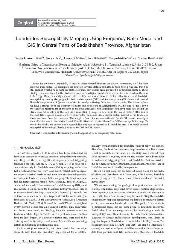 (PDF) Landslides Susceptibility Mapping Using Frequency Ratio Model and GIS in Central Parts of ...