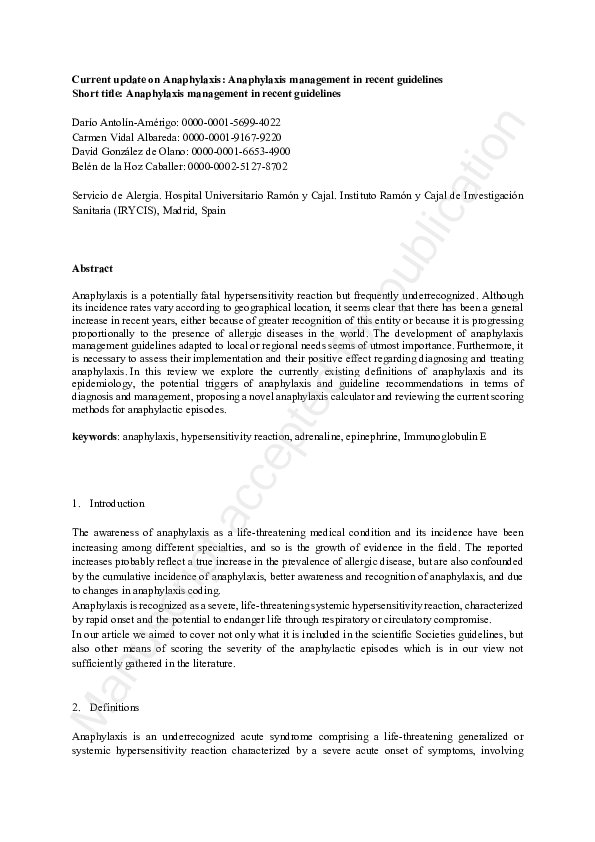 (PDF) Current update on Anaphylaxis: Anaphylaxis management in recent ...