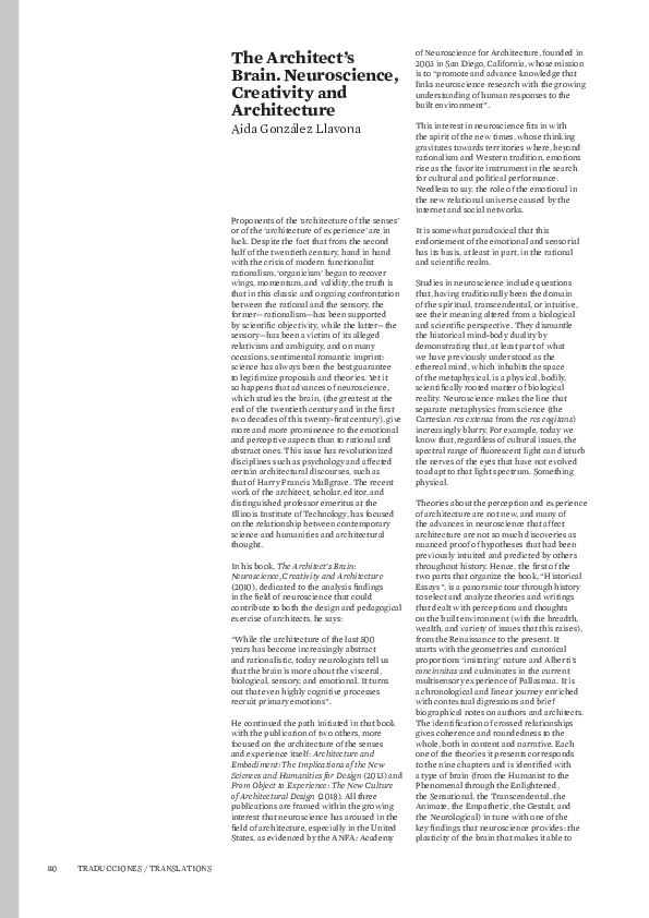 (PDF) THE ARCHITECT’S BRAIN. NEUROSCIENCE, CREATIVITY AND ARCHITECTURE ...