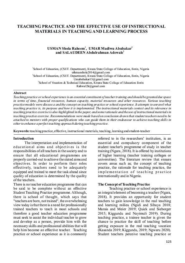 (PDF) TEACHING PRACTICE AND THE EFFECTIVE USE OF INSTRUCTIONAL MATERIALS IN TEACHING AND ...
