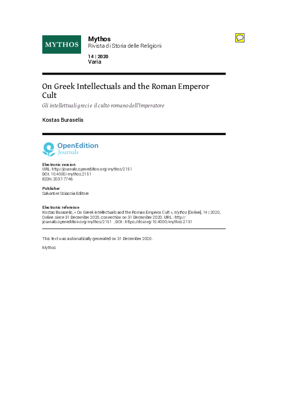 (PDF) On Greek Intellectuals and the Roman Emperor Cult Gli ...
