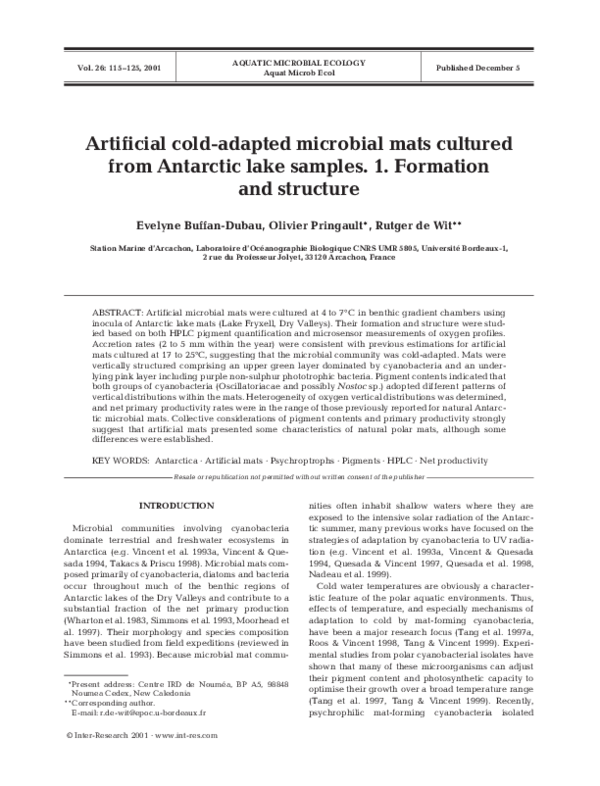 (PDF) Artificial cold-adapted microbial mats cultured from Antarctic ...