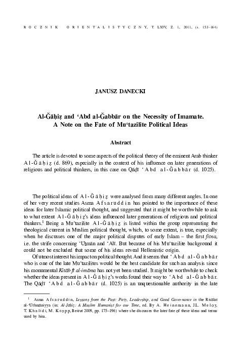 (PDF) Al-Ǧāhiz and ‘Abd al-Ǧabbār on the Necessity of Imamate. A Note ...