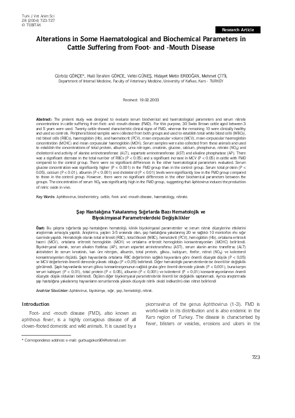 (PDF) Alterations in Some Haematological and Biochemical Parameters in Cattle Suffering from ...