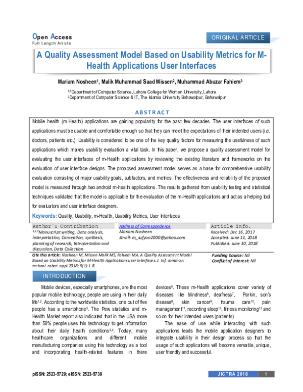 (PDF) A Quality Assessment Model Based on Usability Metrics for M-Health Applications User ...