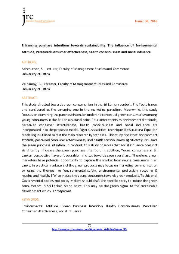 (PDF) Enhancing Purchase Intentions Towards Sustainability: The Influence of Environmental ...