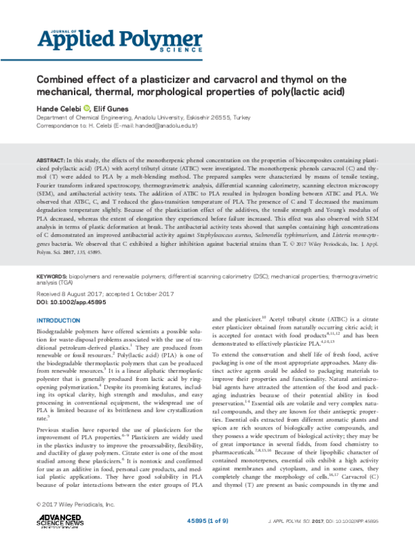 (PDF) Combined effect of a plasticizer and carvacrol and thymol on the ...