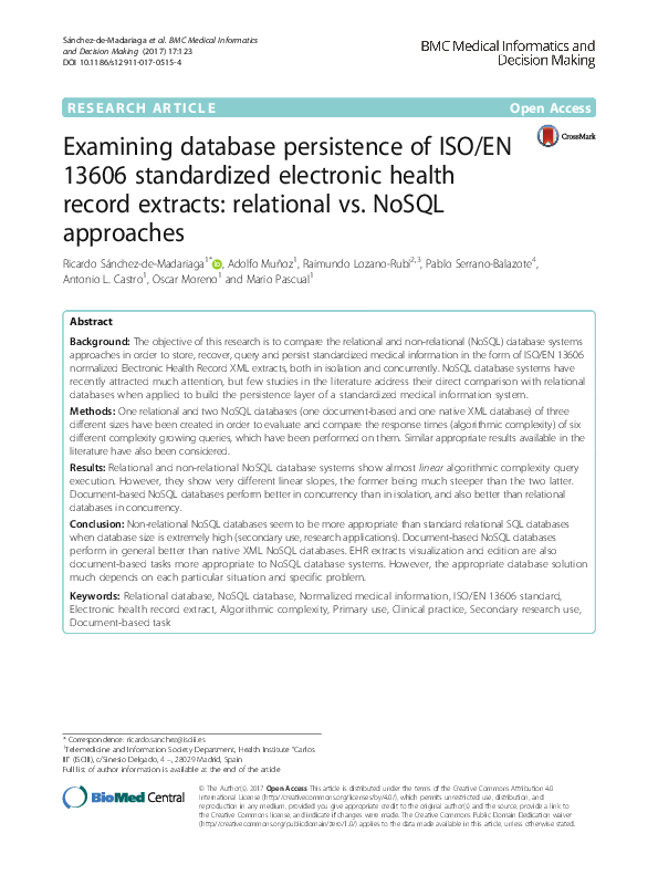 Pdf Examining Database Persistence Of Iso En 13606 Standardized Electronic Health Record