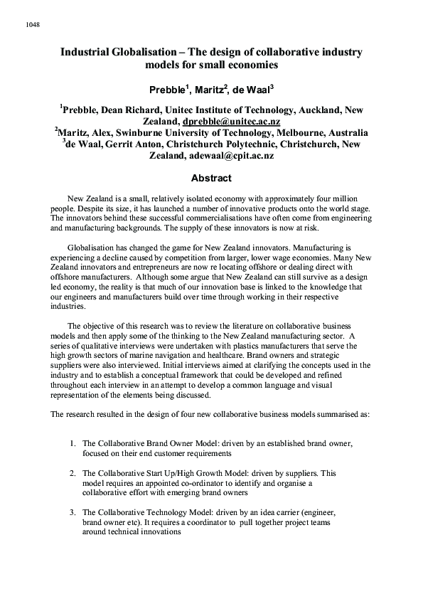 (PDF) Industrial globalisation: the design of collaborative industry models for small economies