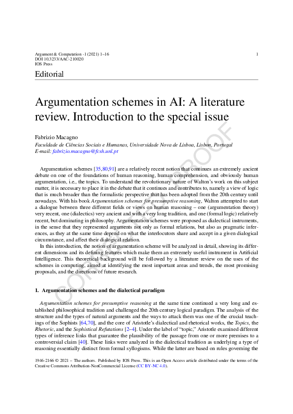 (PDF) Argumentation schemes in AI: A literature review. Introduction to the special issue