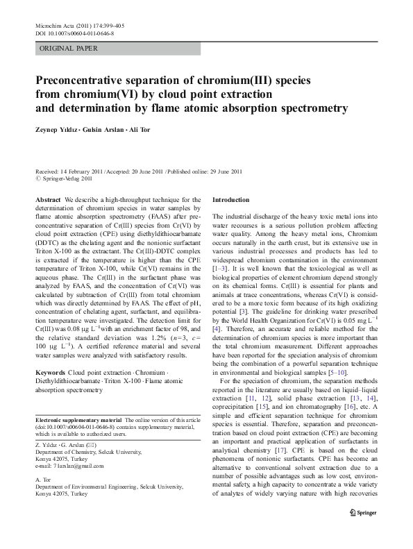Pdf Preconcentrative Separation Of Chromium Iii Species From Chromium Vi By Cloud Point