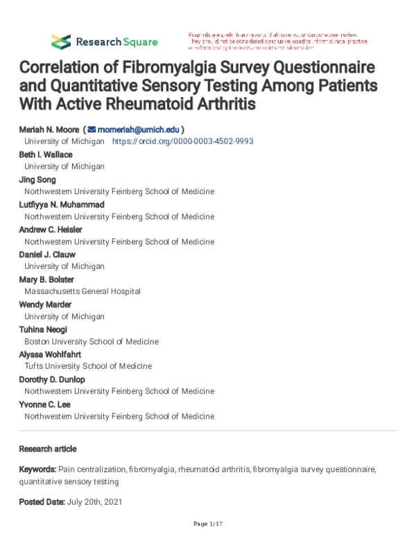 (PDF) Correlation of Fibromyalgia Survey Questionnaire and Quantitative ...