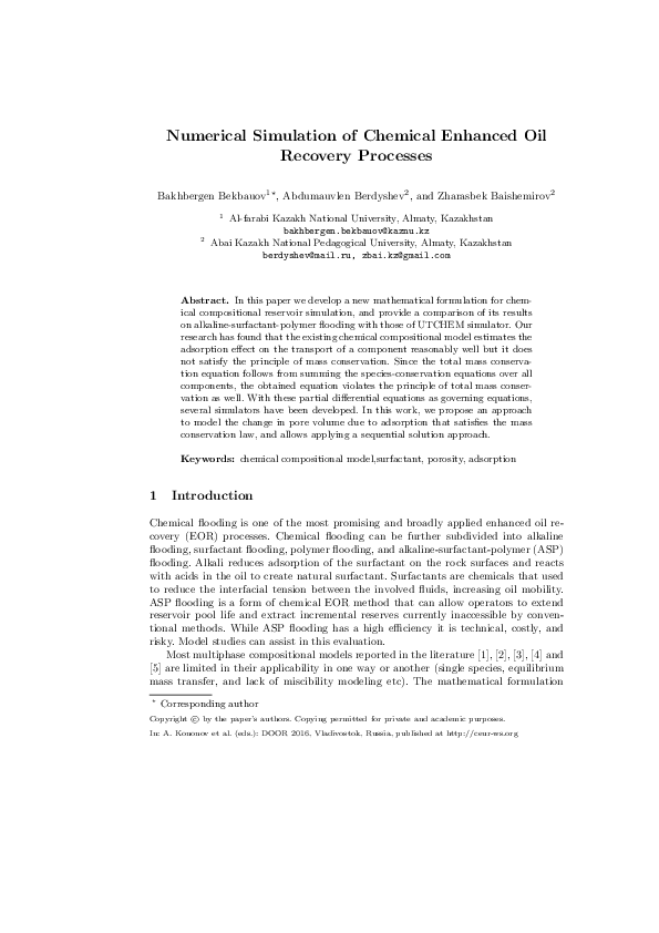 (PDF) Numerical Simulation of Chemical Enhanced Oil Recovery Processes | Bakhbergen Bekbauov ...