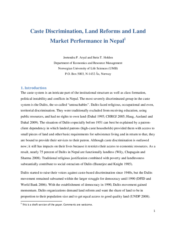 (PDF) Caste Discrimination, Land Reforms and Land Market Performance in Nepal