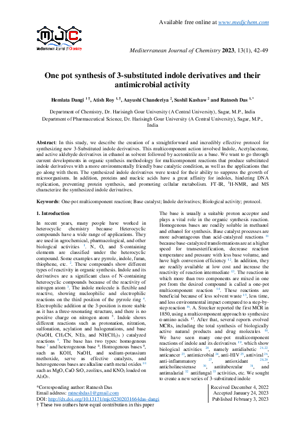 (PDF) One pot synthesis of some novel indole derivatives and their antimicrobial activity