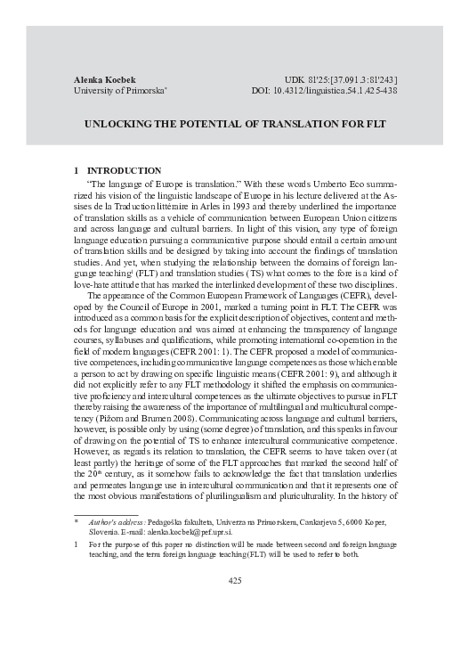 (PDF) Unlocking the potential of translation for FLT