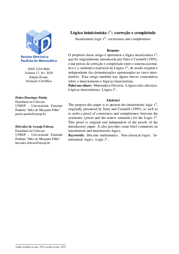 (PDF) Lógica intuicionista I1: correção e completude
