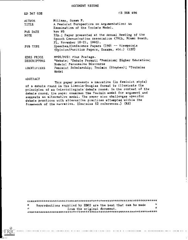 Pdf A Feminist Perspective On Argumentation An Examination Of The Toulmin Model Susan